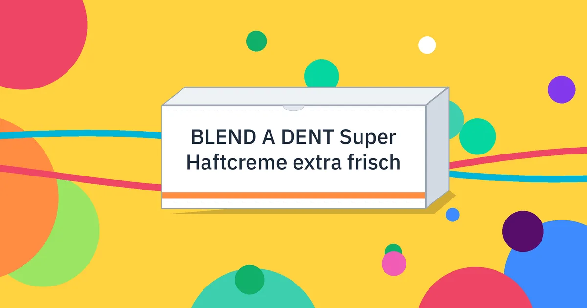 Symbolbild: Packung mit der Aufschrift BLEND A DENT Super Haftcreme extra frisch (PZN 06618540) – Verfügbarkeit und Bezug in Apotheken in Frankfurt am Main