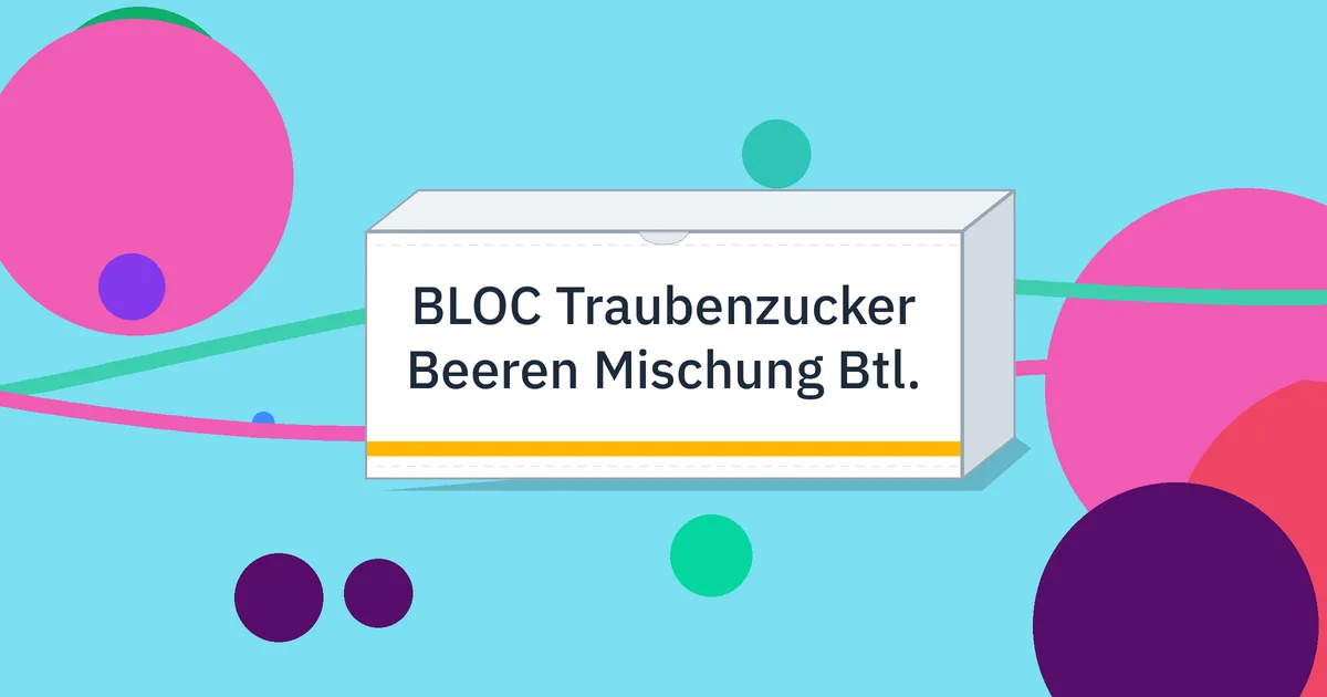 Symbolbild: Packung mit der Aufschrift BLOC Traubenzucker Beeren Mischung Btl. (PZN 08489667) – Verfügbarkeit und Bezug in Apotheken in Frankfurt am Main