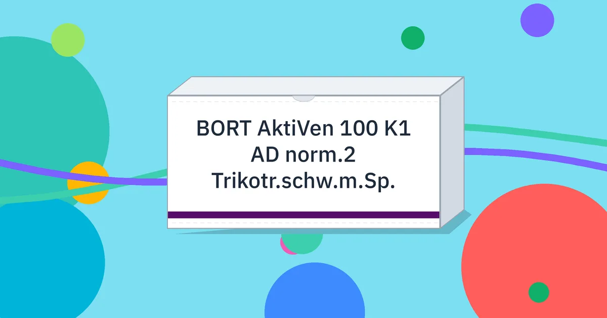 Symbolbild: Packung mit der Aufschrift BORT AktiVen 100 K1 AD norm.2 Trikotr.schw.m.Sp. (PZN 14387037) – Verfügbarkeit und Bezug in Apotheken in Frankfurt am Main