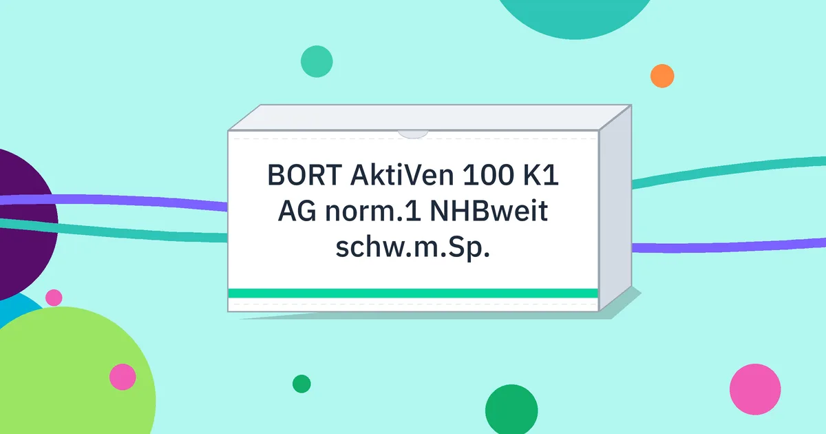 Symbolbild: Packung mit der Aufschrift BORT AktiVen 100 K1 AG norm.1 NHBweit schw.m.Sp. (PZN 14388290) – Verfügbarkeit und Bezug in Apotheken in Frankfurt am Main