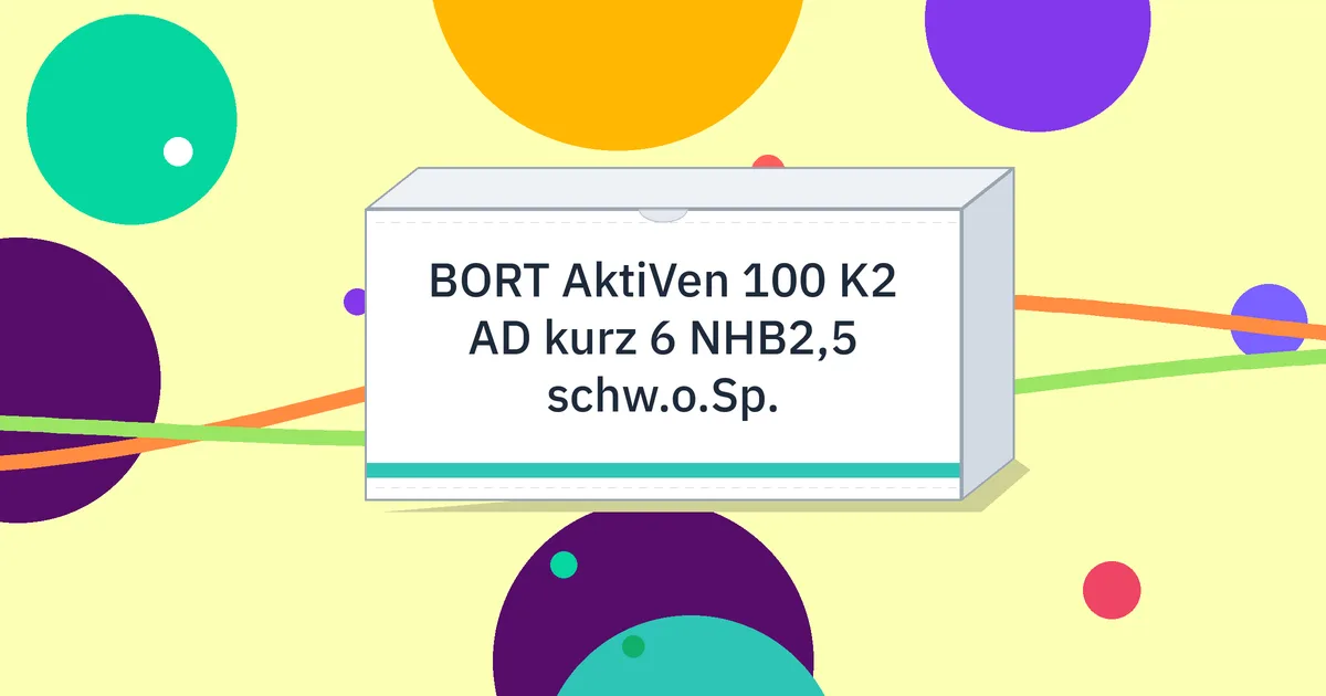 Symbolbild: Packung mit der Aufschrift BORT AktiVen 100 K2 AD kurz 6 NHB2,5 schw.o.Sp. (PZN 17501746) – Verfügbarkeit und Bezug in Apotheken in Frankfurt am Main