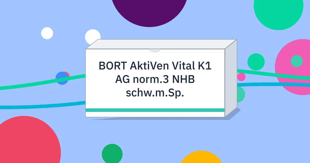 Symbolbild: Packung mit der Aufschrift BORT AktiVen Vital K1 AG norm.3 NHB schw.m.Sp. (PZN 13735861) – Verfügbarkeit und Bezug in Apotheken in Frankfurt am Main