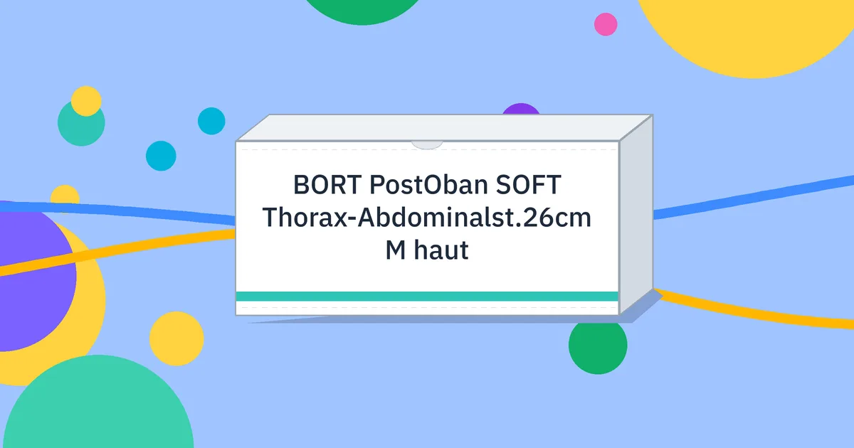 Symbolbild: Packung mit der Aufschrift BORT PostOban SOFT Thorax-Abdominalst.26cm M haut (PZN 12574628) – Verfügbarkeit und Bezug in Apotheken in Frankfurt am Main