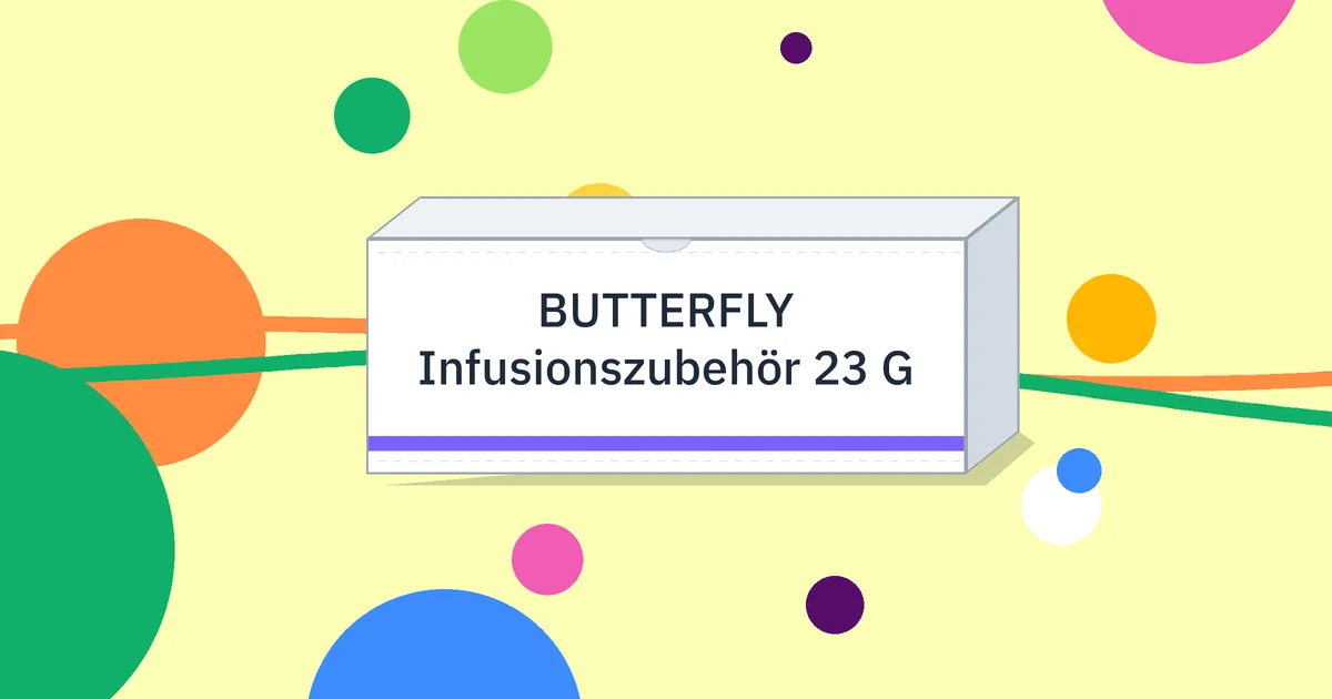 Symbolbild: Packung mit der Aufschrift BUTTERFLY Infusionszubehör 23 G (PZN 06941991) – Verfügbarkeit und Bezug in Apotheken in Frankfurt am Main