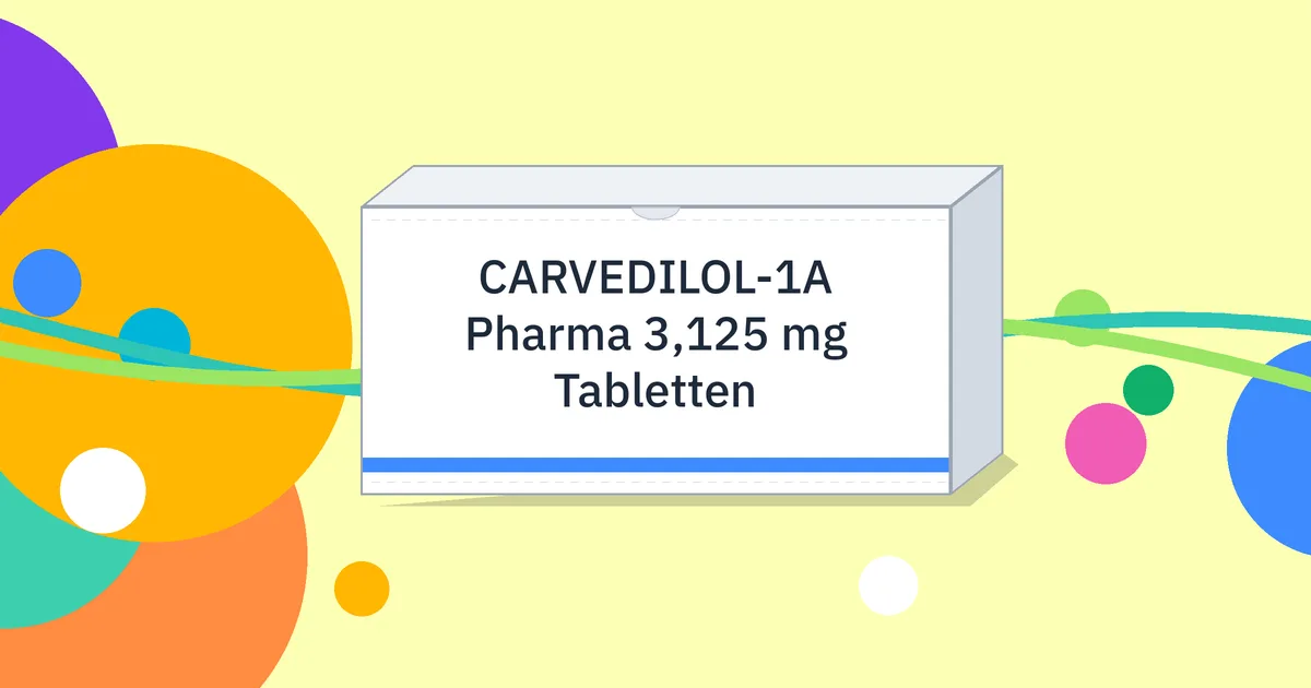 Symbolbild: Packung mit der Aufschrift CARVEDILOL-1A Pharma 3,125 mg Tabletten (PZN 00818976) – Verfügbarkeit und Bezug in Apotheken in Frankfurt am Main