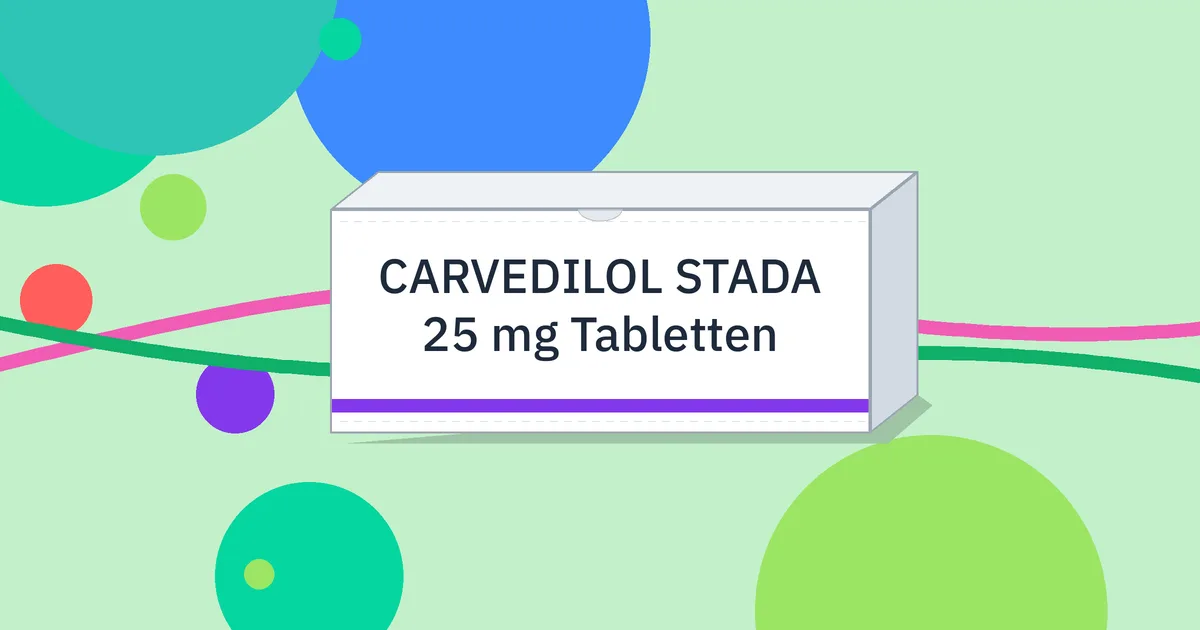 Symbolbild: Packung mit der Aufschrift CARVEDILOL STADA 25 mg Tabletten (PZN 02373596) – Verfügbarkeit und Bezug in Apotheken in Frankfurt am Main