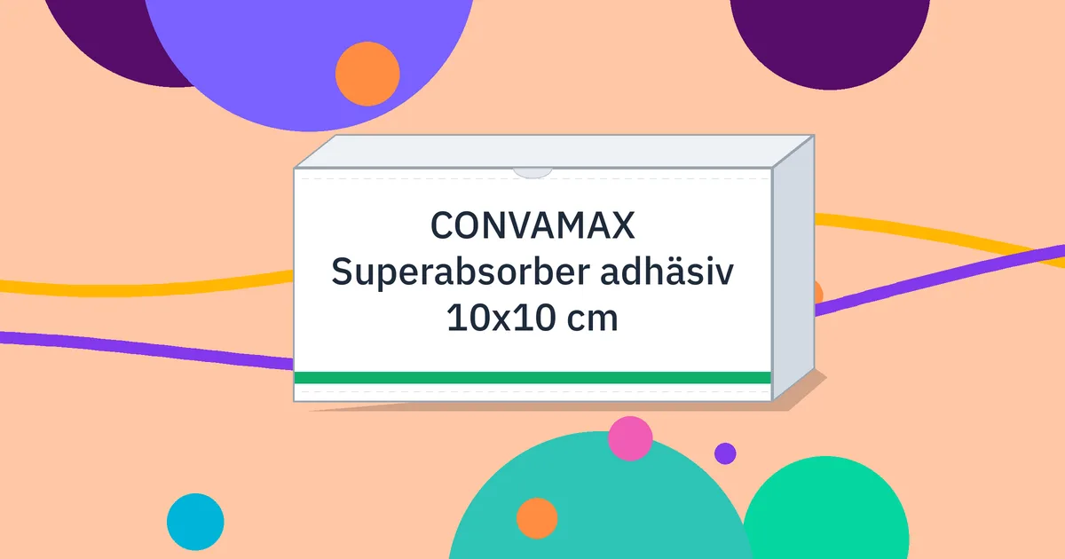Symbolbild: Packung mit der Aufschrift CONVAMAX Superabsorber adhäsiv 10x10 cm (PZN 20828563) – Verfügbarkeit und Bezug in Apotheken in Frankfurt am Main