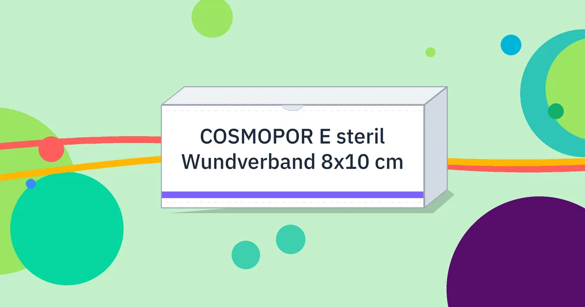 Symbolbild: Packung mit der Aufschrift COSMOPOR E steril Wundverband 8x10 cm (PZN 19485709) – Verfügbarkeit und Bezug in Apotheken in Frankfurt am Main