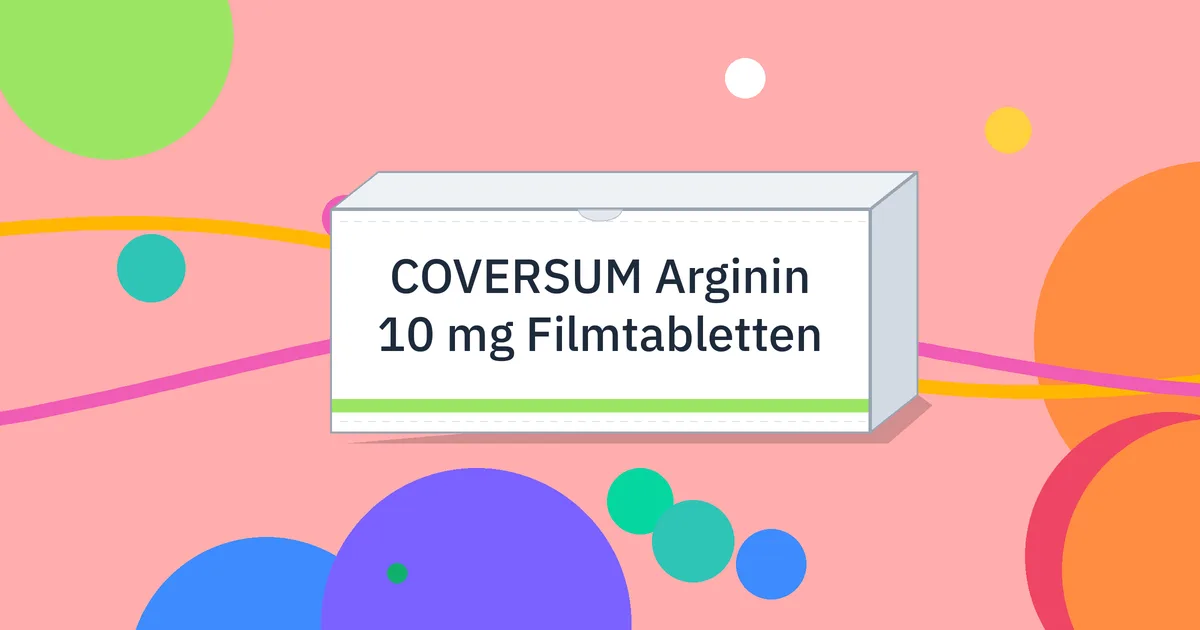 Symbolbild: Packung mit der Aufschrift COVERSUM Arginin 10 mg Filmtabletten (PZN 10032627) – Verfügbarkeit und Bezug in Apotheken in Frankfurt am Main
