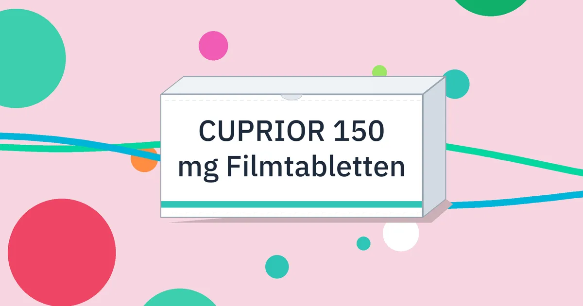 Symbolbild: Packung mit der Aufschrift CUPRIOR 150 mg Filmtabletten (PZN 17824633) – Verfügbarkeit und Bezug in Apotheken in Frankfurt am Main