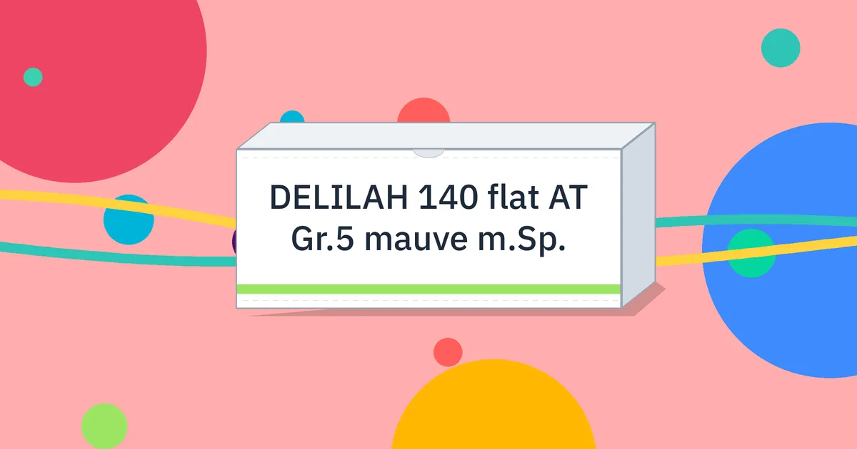 Symbolbild: Packung mit der Aufschrift DELILAH 140 flat AT Gr.5 mauve m.Sp. (PZN 14247810) – Verfügbarkeit und Bezug in Apotheken in Frankfurt am Main