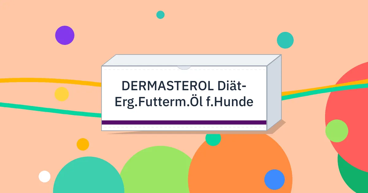 Symbolbild: Packung mit der Aufschrift DERMASTEROL Diät-Erg.Futterm.Öl f.Hunde (PZN 11095995) – Verfügbarkeit und Bezug in Apotheken in Frankfurt am Main