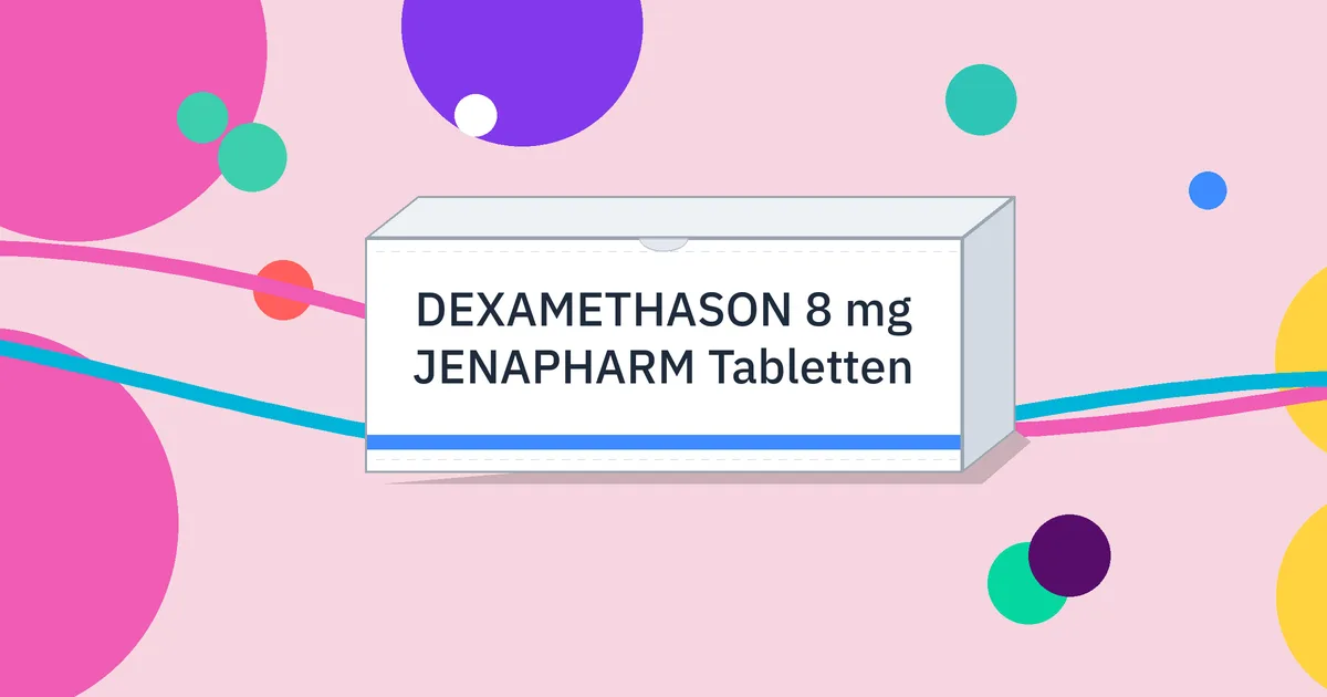 Symbolbild: Packung mit der Aufschrift DEXAMETHASON 8 mg JENAPHARM Tabletten (PZN 01436490) – Verfügbarkeit und Bezug in Apotheken in Frankfurt am Main