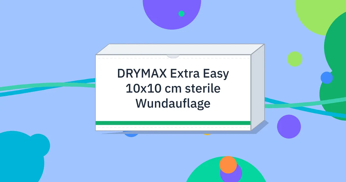 Symbolbild: Packung mit der Aufschrift DRYMAX Extra Easy 10x10 cm sterile Wundauflage (PZN 14357361) – Verfügbarkeit und Bezug in Apotheken in Frankfurt am Main