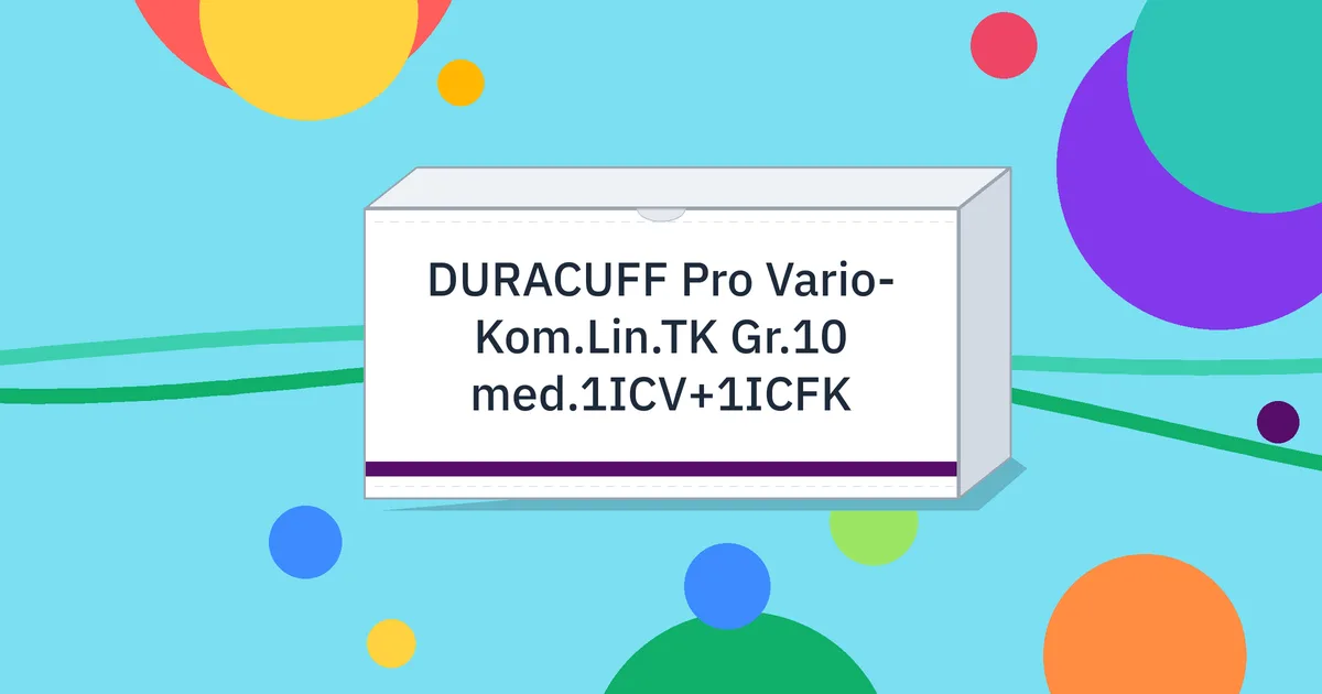 Symbolbild: Packung mit der Aufschrift DURACUFF Pro Vario-Kom.Lin.TK Gr.10 med.1ICV+1ICFK (PZN 19245477) – Verfügbarkeit und Bezug in Apotheken in Frankfurt am Main