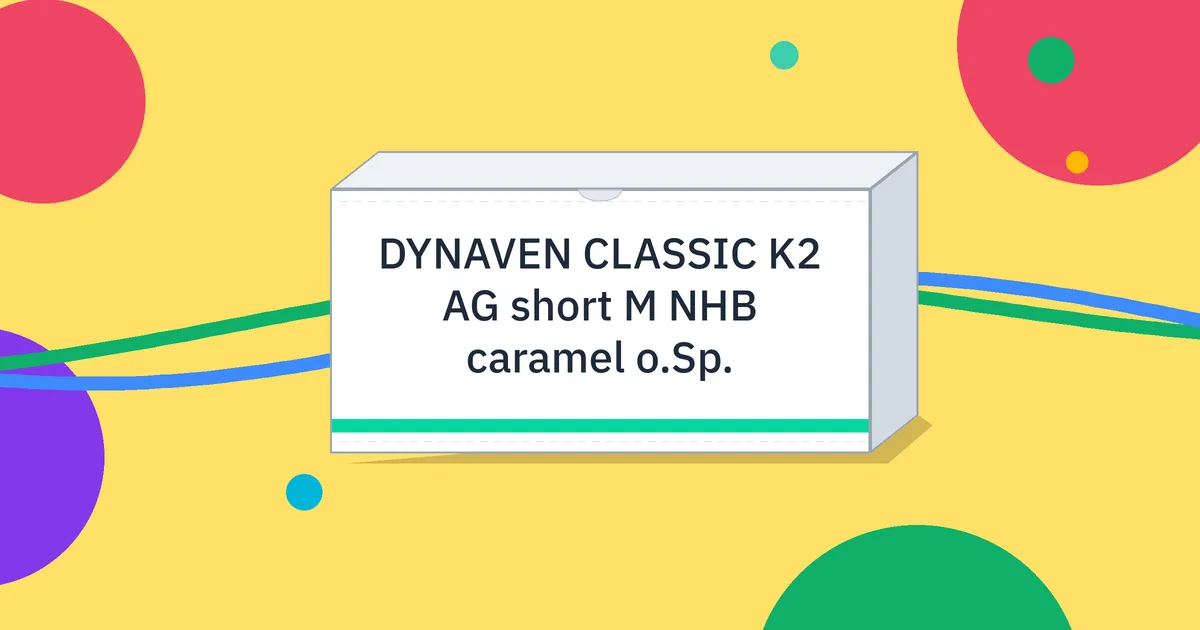 Symbolbild: Packung mit der Aufschrift DYNAVEN CLASSIC K2 AG short M NHB caramel o.Sp. (PZN 18418421) – Verfügbarkeit und Bezug in Apotheken in Frankfurt am Main