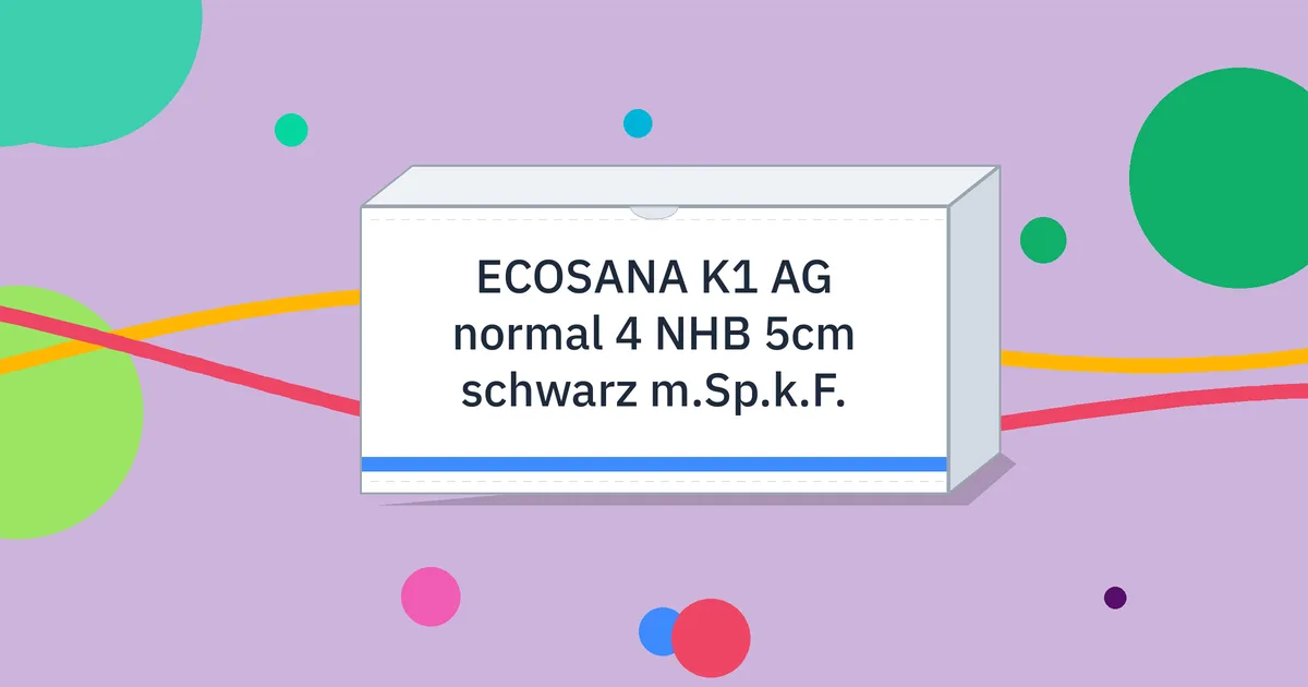 Symbolbild: Packung mit der Aufschrift ECOSANA K1 AG normal 4 NHB 5cm schwarz m.Sp.k.F. (PZN 04727963) – Verfügbarkeit und Bezug in Apotheken in Frankfurt am Main