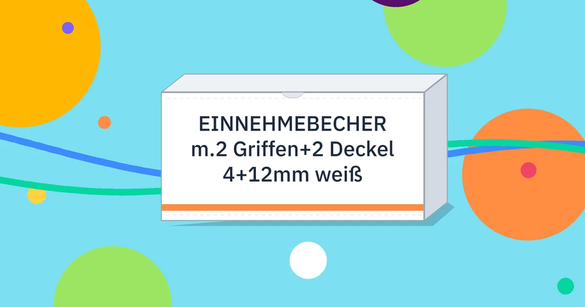 Symbolbild: Packung mit der Aufschrift EINNEHMEBECHER m.2 Griffen+2 Deckel 4+12mm weiß (PZN 01687602) – Verfügbarkeit und Bezug in Apotheken in Frankfurt am Main
