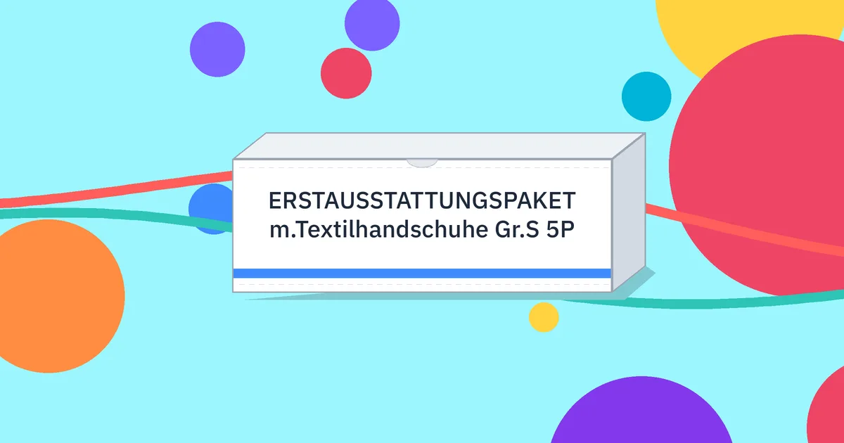 Symbolbild: Packung mit der Aufschrift ERSTAUSSTATTUNGSPAKET m.Textilhandschuhe Gr.S 5P (PZN 19628563) – Verfügbarkeit und Bezug in Apotheken in Frankfurt am Main
