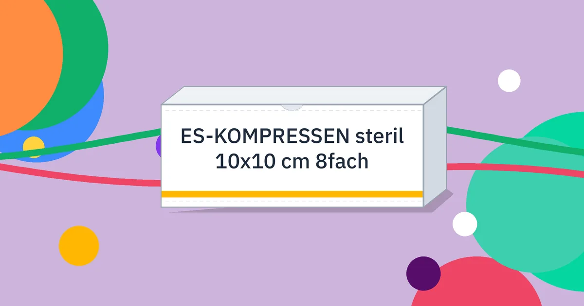 Symbolbild: Packung mit der Aufschrift ES-KOMPRESSEN steril 10x10 cm 8fach (PZN 01407086) – Verfügbarkeit und Bezug in Apotheken in Frankfurt am Main
