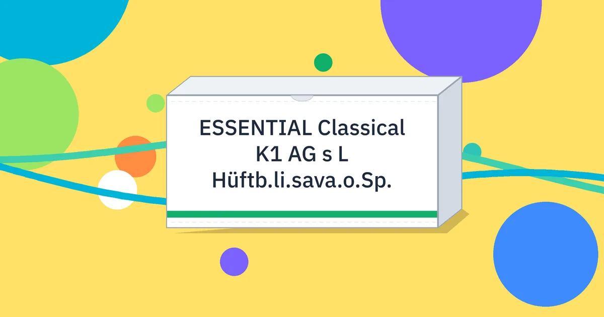 Symbolbild: Packung mit der Aufschrift ESSENTIAL Classical K1 AG s L Hüftb.li.sava.o.Sp. (PZN 17012579) – Verfügbarkeit und Bezug in Apotheken in Frankfurt am Main