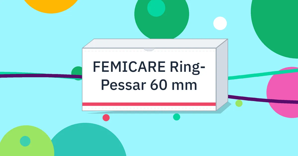 Symbolbild: Packung mit der Aufschrift FEMICARE Ring-Pessar 60 mm (PZN 19336027) – Verfügbarkeit und Bezug in Apotheken in Frankfurt am Main