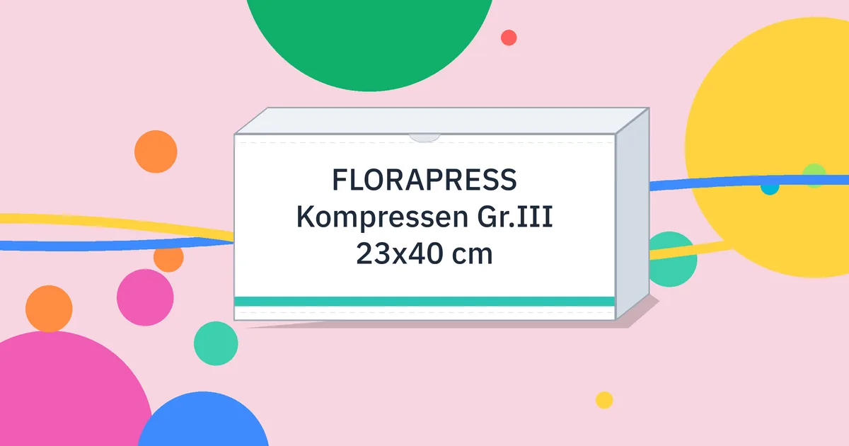 Symbolbild: Packung mit der Aufschrift FLORAPRESS Kompressen Gr.III 23x40 cm (PZN 02477918) – Verfügbarkeit und Bezug in Apotheken in Frankfurt am Main