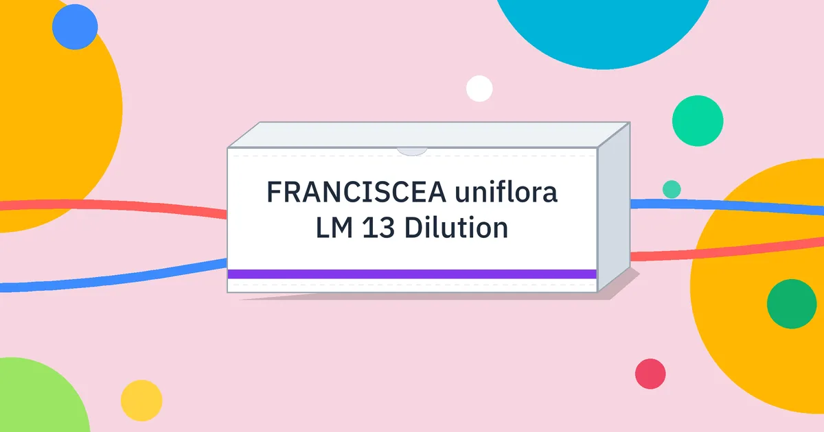 Symbolbild: Packung mit der Aufschrift FRANCISCEA uniflora LM 13 Dilution (PZN 13491146) – Verfügbarkeit und Bezug in Apotheken in Frankfurt am Main