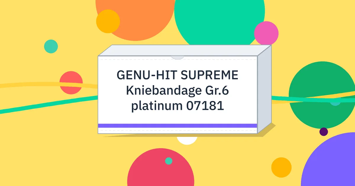 Symbolbild: Packung mit der Aufschrift GENU-HIT SUPREME Kniebandage Gr.6 platinum 07181 (PZN 15200710) – Verfügbarkeit und Bezug in Apotheken in Frankfurt am Main