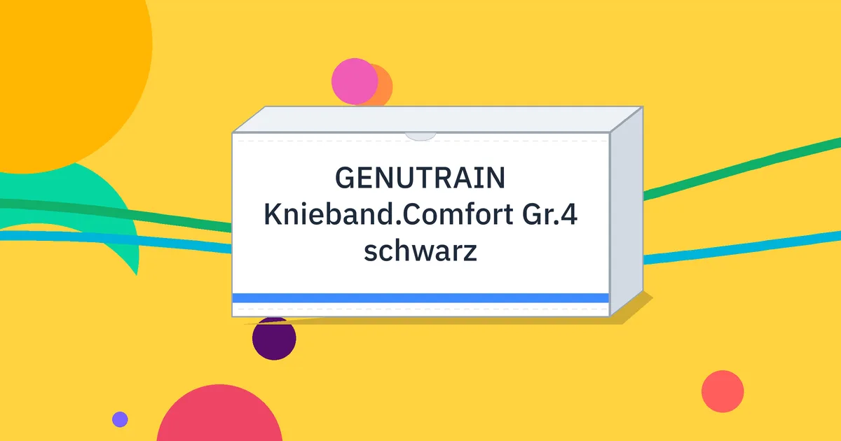 Symbolbild: Packung mit der Aufschrift GENUTRAIN Knieband.Comfort Gr.4 schwarz (PZN 12517211) – Verfügbarkeit und Bezug in Apotheken in Frankfurt am Main