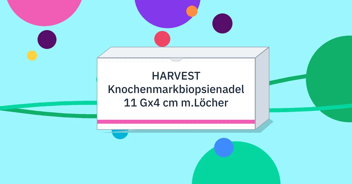 Symbolbild: Packung mit der Aufschrift HARVEST Knochenmarkbiopsienadel 11 Gx4 cm m.Löcher (PZN 00919832) – Verfügbarkeit und Bezug in Apotheken in Frankfurt am Main