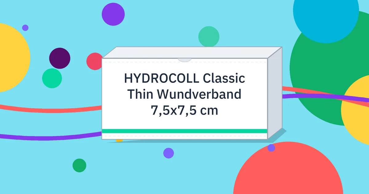 Symbolbild: Packung mit der Aufschrift HYDROCOLL Classic Thin Wundverband 7,5x7,5 cm (PZN 19960228) – Verfügbarkeit und Bezug in Apotheken in Frankfurt am Main