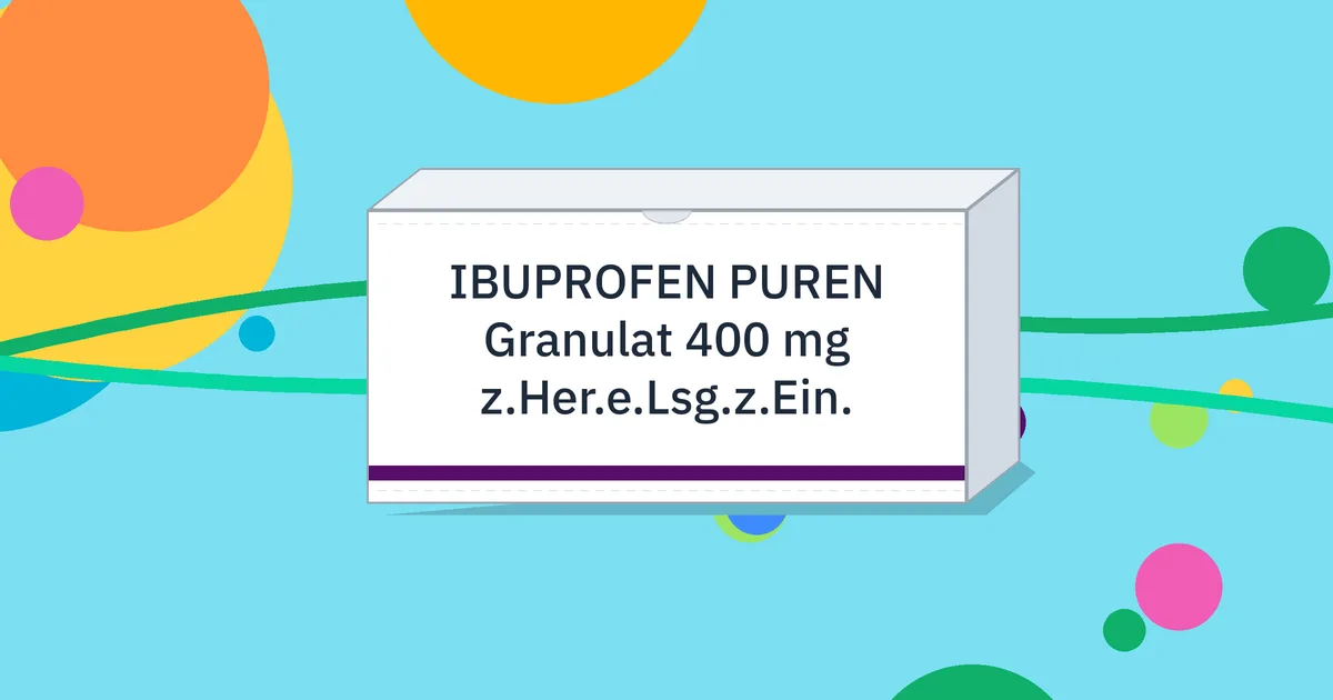 Symbolbild: Packung mit der Aufschrift IBUPROFEN PUREN Granulat 400 mg z.Her.e.Lsg.z.Ein. (PZN 11355114) – Verfügbarkeit und Bezug in Apotheken in Frankfurt am Main