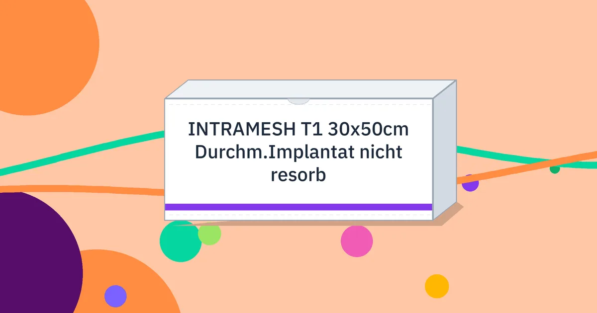 Symbolbild: Packung mit der Aufschrift INTRAMESH T1 30x50cm Durchm.Implantat nicht resorb (PZN 19504967) – Verfügbarkeit und Bezug in Apotheken in Frankfurt am Main
