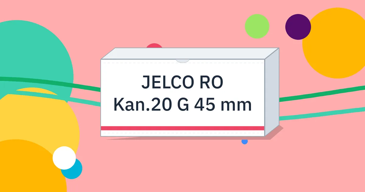 Symbolbild: Packung mit der Aufschrift JELCO RO Kan.20 G 45 mm (PZN 09106438) – Verfügbarkeit und Bezug in Apotheken in Frankfurt am Main