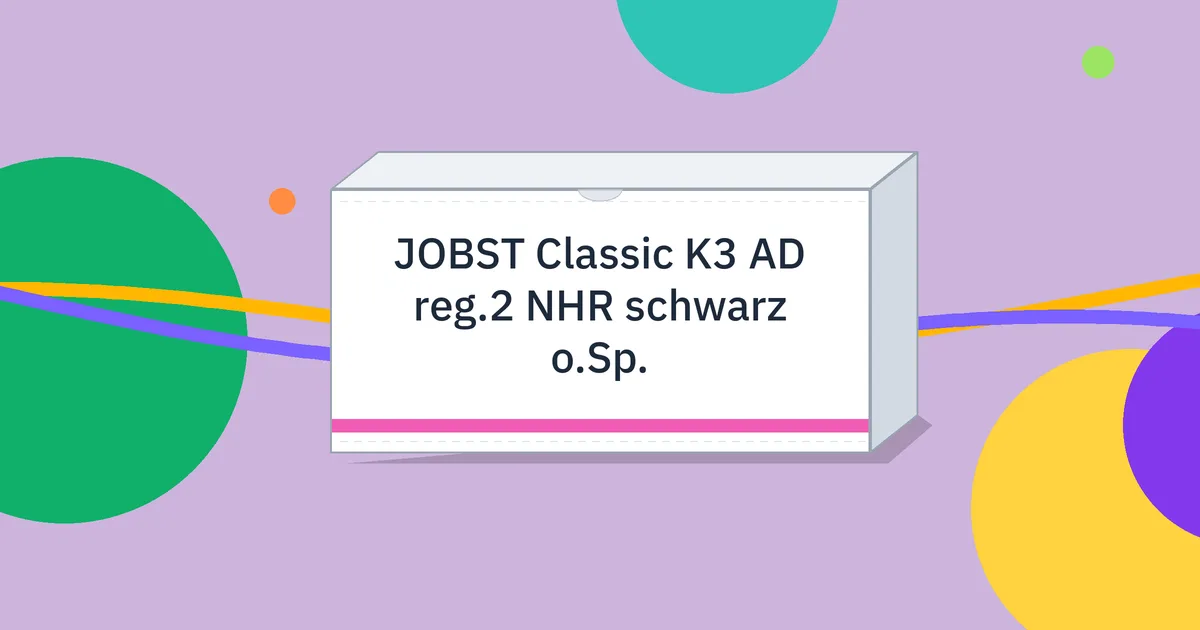 Symbolbild: Packung mit der Aufschrift JOBST Classic K3 AD reg.2 NHR schwarz o.Sp. (PZN 13071266) – Verfügbarkeit und Bezug in Apotheken in Frankfurt am Main