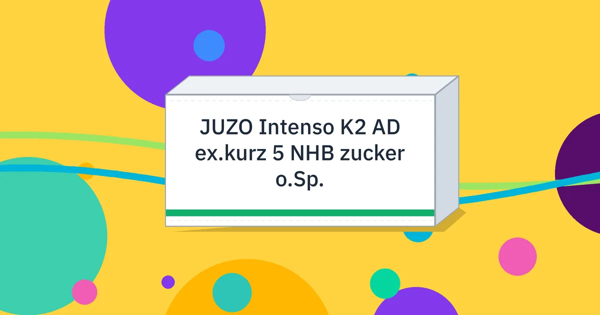Symbolbild: Packung mit der Aufschrift JUZO Intenso K2 AD ex.kurz 5 NHB zucker o.Sp. (PZN 18621903) – Verfügbarkeit und Bezug in Apotheken in Frankfurt am Main
