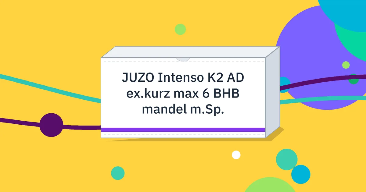 Symbolbild: Packung mit der Aufschrift JUZO Intenso K2 AD ex.kurz max 6 BHB mandel m.Sp. (PZN 18614079) – Verfügbarkeit und Bezug in Apotheken in Frankfurt am Main