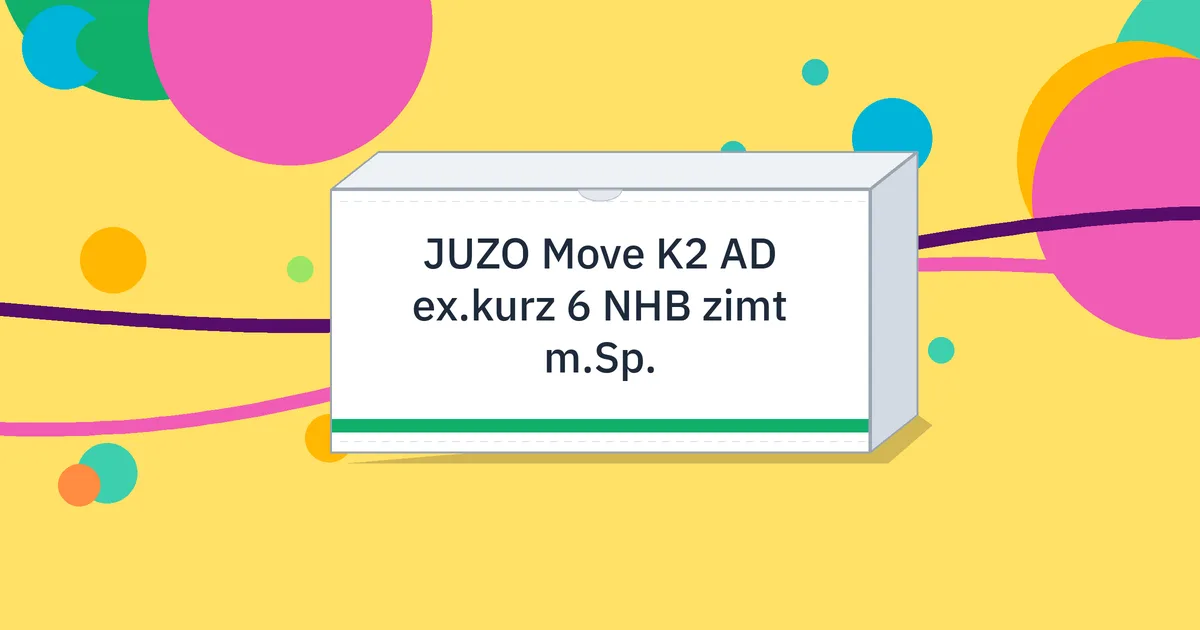 Symbolbild: Packung mit der Aufschrift JUZO Move K2 AD ex.kurz 6 NHB zimt m.Sp. (PZN 18510090) – Verfügbarkeit und Bezug in Apotheken in Frankfurt am Main