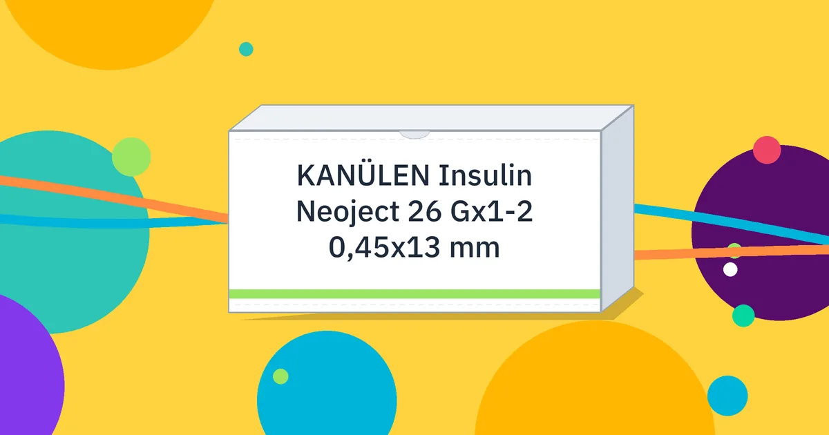 Symbolbild: Packung mit der Aufschrift KANÜLEN Insulin Neoject 26 Gx1-2 0,45x13 mm (PZN 10834918) – Verfügbarkeit und Bezug in Apotheken in Frankfurt am Main