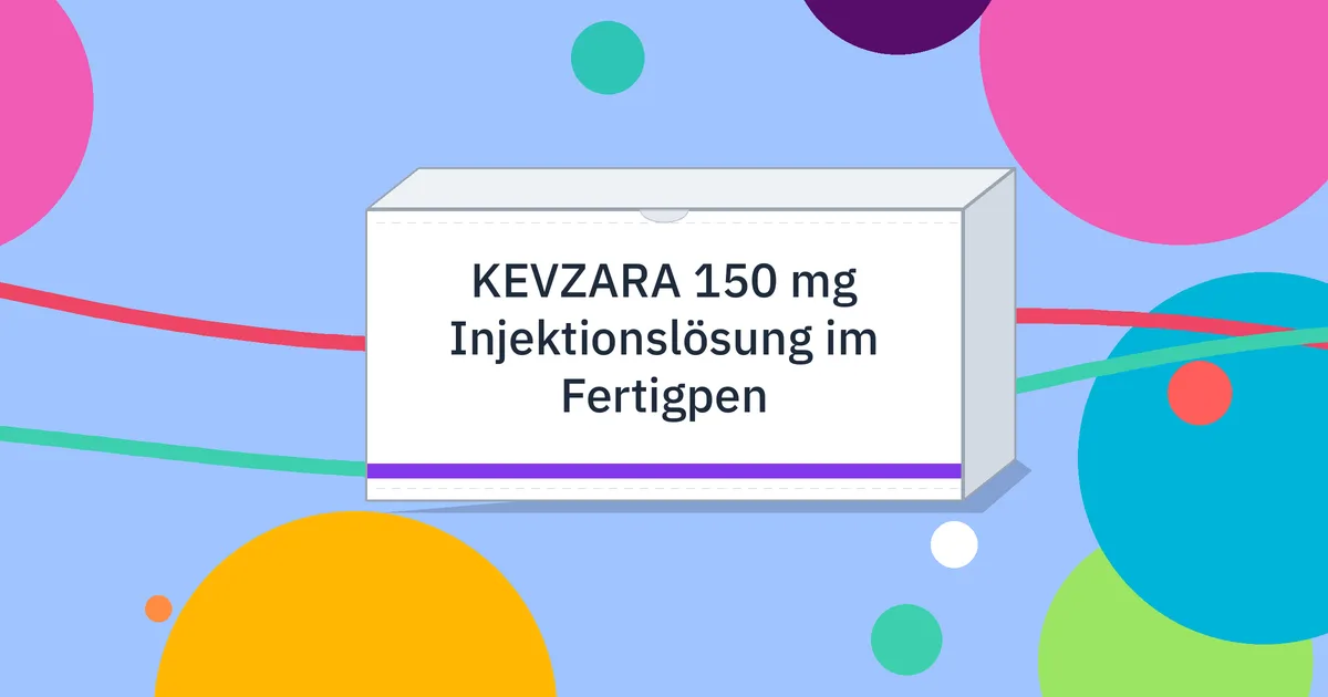 Symbolbild: Packung mit der Aufschrift KEVZARA 150 mg Injektionslösung im Fertigpen (PZN 19297557) – Verfügbarkeit und Bezug in Apotheken in Frankfurt am Main