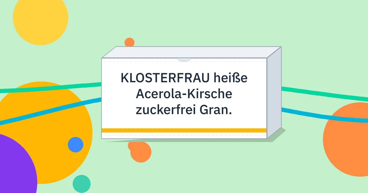 Symbolbild: Packung mit der Aufschrift KLOSTERFRAU heiße Acerola-Kirsche zuckerfrei Gran. (PZN 18664835) – Verfügbarkeit und Bezug in Apotheken in Frankfurt am Main