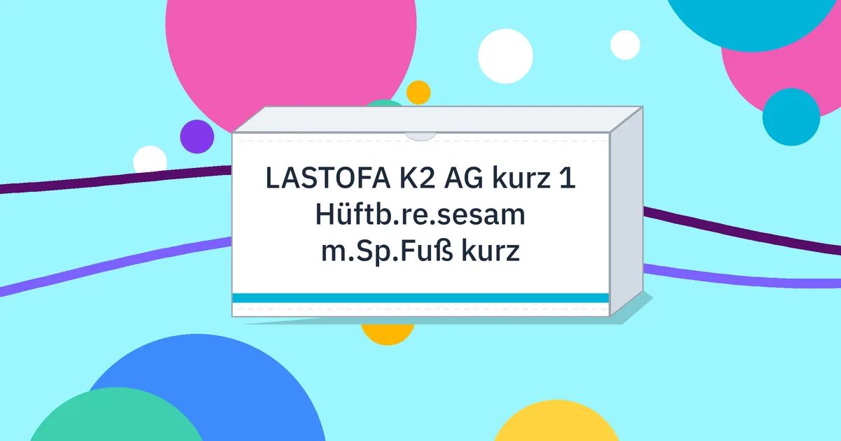 Symbolbild: Packung mit der Aufschrift LASTOFA K2 AG kurz 1 Hüftb.re.sesam m.Sp.Fuß kurz (PZN 13810605) – Verfügbarkeit und Bezug in Apotheken in Frankfurt am Main