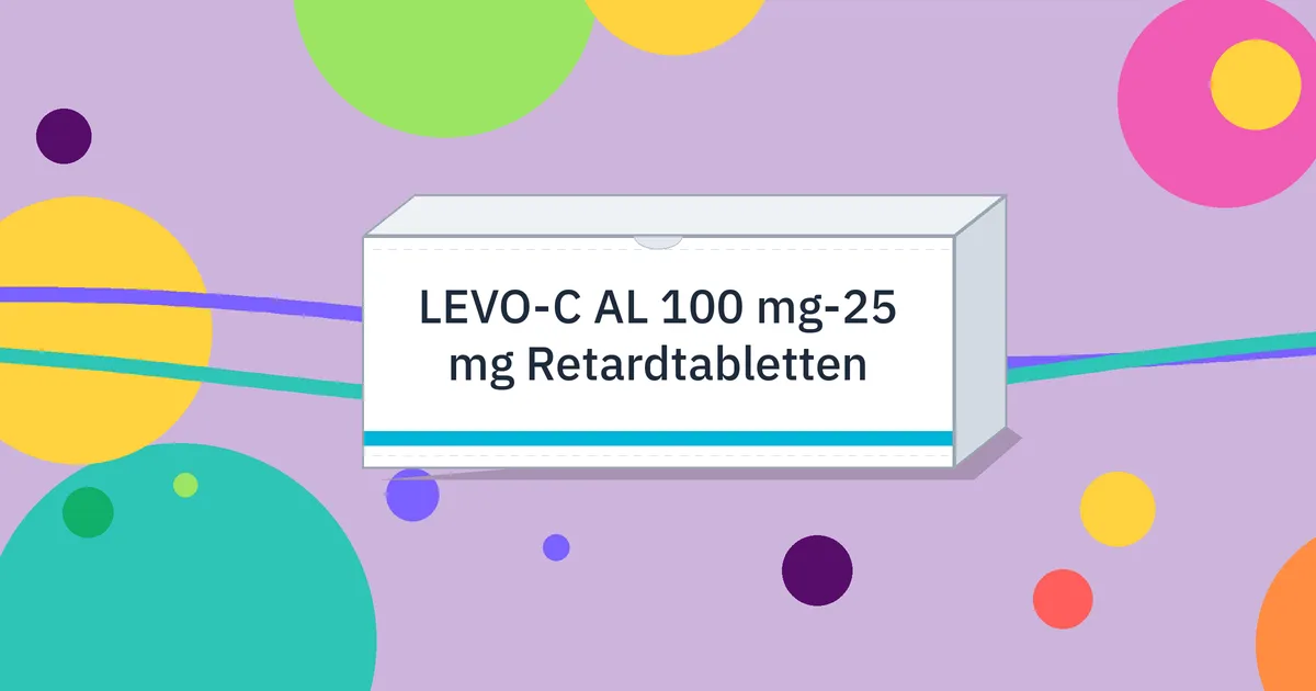 Symbolbild: Packung mit der Aufschrift LEVO-C AL 100 mg-25 mg Retardtabletten (PZN 03037788) – Verfügbarkeit und Bezug in Apotheken in Frankfurt am Main