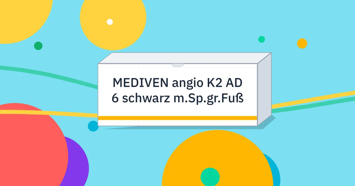 Symbolbild: Packung mit der Aufschrift MEDIVEN angio K2 AD 6 schwarz m.Sp.gr.Fuß (PZN 17210902) – Verfügbarkeit und Bezug in Apotheken in Frankfurt am Main