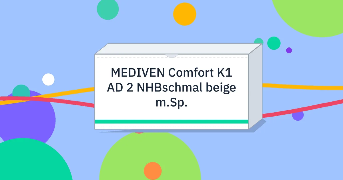 Symbolbild: Packung mit der Aufschrift MEDIVEN Comfort K1 AD 2 NHBschmal beige m.Sp. (PZN 14561989) – Verfügbarkeit und Bezug in Apotheken in Frankfurt am Main