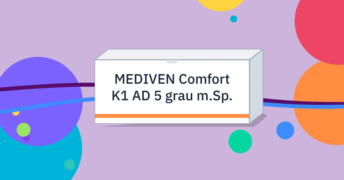 Symbolbild: Packung mit der Aufschrift MEDIVEN Comfort K1 AD 5 grau m.Sp. (PZN 19005655) – Verfügbarkeit und Bezug in Apotheken in Frankfurt am Main