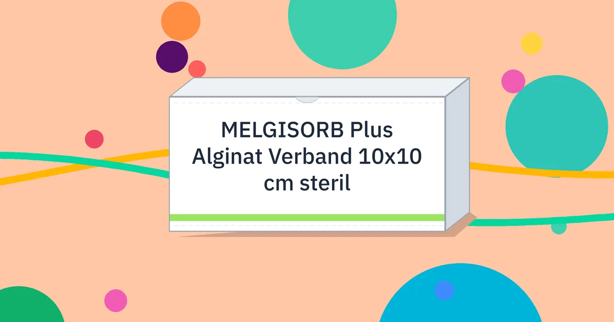 Symbolbild: Packung mit der Aufschrift MELGISORB Plus Alginat Verband 10x10 cm steril (PZN 09932662) – Verfügbarkeit und Bezug in Apotheken in Frankfurt am Main
