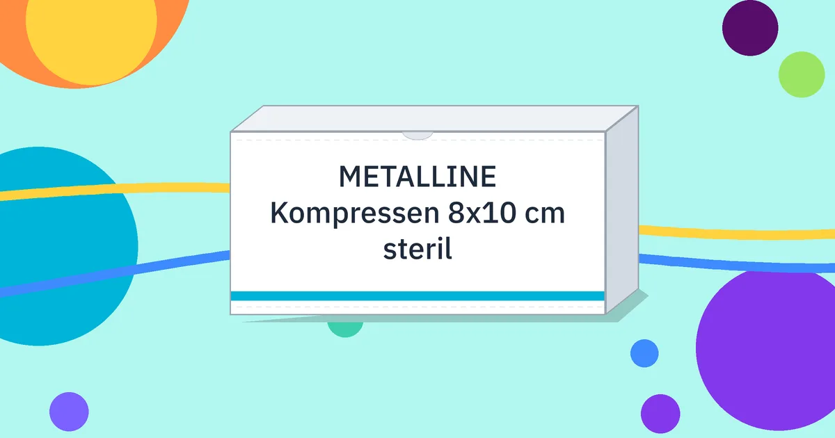 Symbolbild: Packung mit der Aufschrift METALLINE Kompressen 8x10 cm steril (PZN 01495707) – Verfügbarkeit und Bezug in Apotheken in Frankfurt am Main
