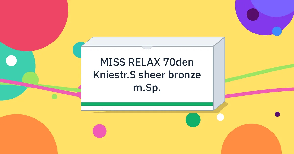 Symbolbild: Packung mit der Aufschrift MISS RELAX 70den Kniestr.S sheer bronze m.Sp. (PZN 04270239) – Verfügbarkeit und Bezug in Apotheken in Frankfurt am Main